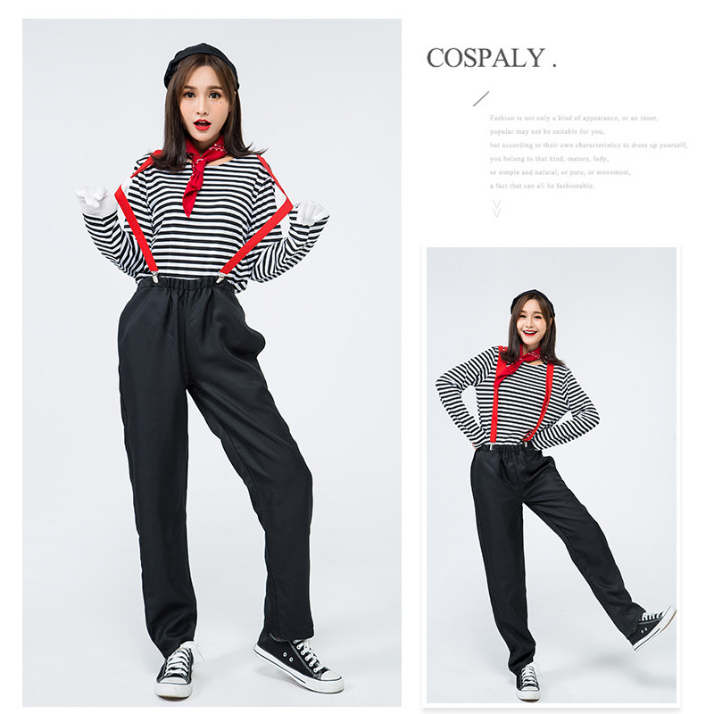 Mime Clown Joker Black White Stripe Shirt Pants Set Halloween Cosplay ...