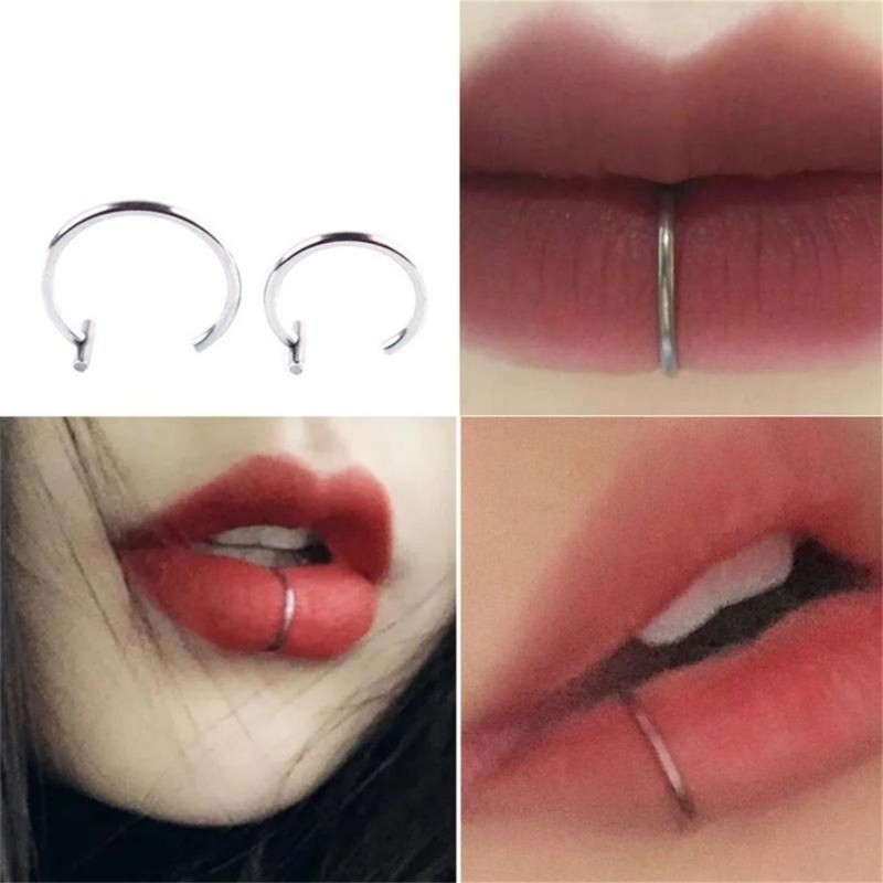 Stainless steel C-shaped lip ring with no holes, fake lip studs, hip ...