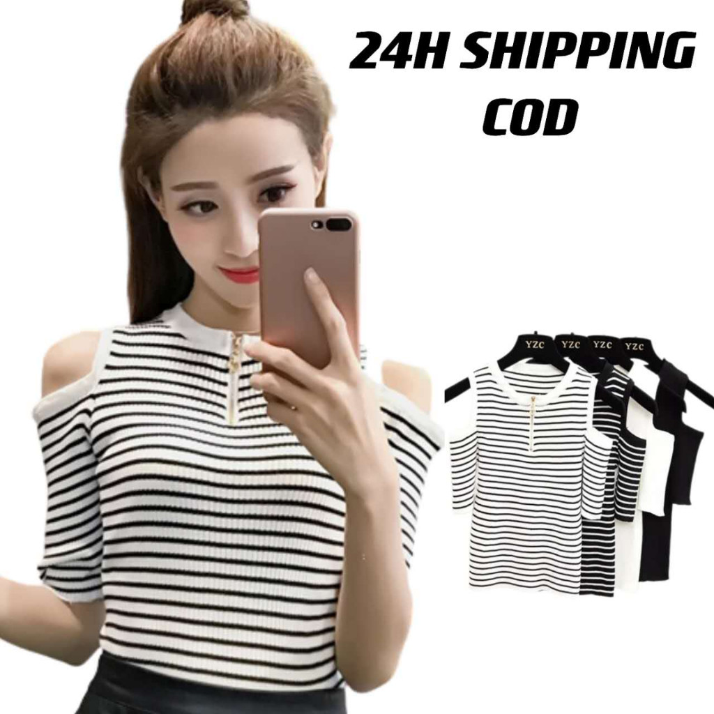korean show half off shoulder knitted blouse top | Shopee Philippines