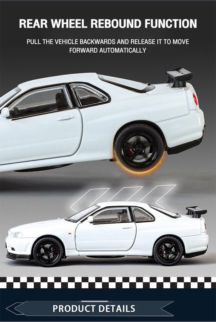 KLT 1:32 NISSAN GTR R34 Metal Alloy Toys Car Model Diecast Vehicle For ...