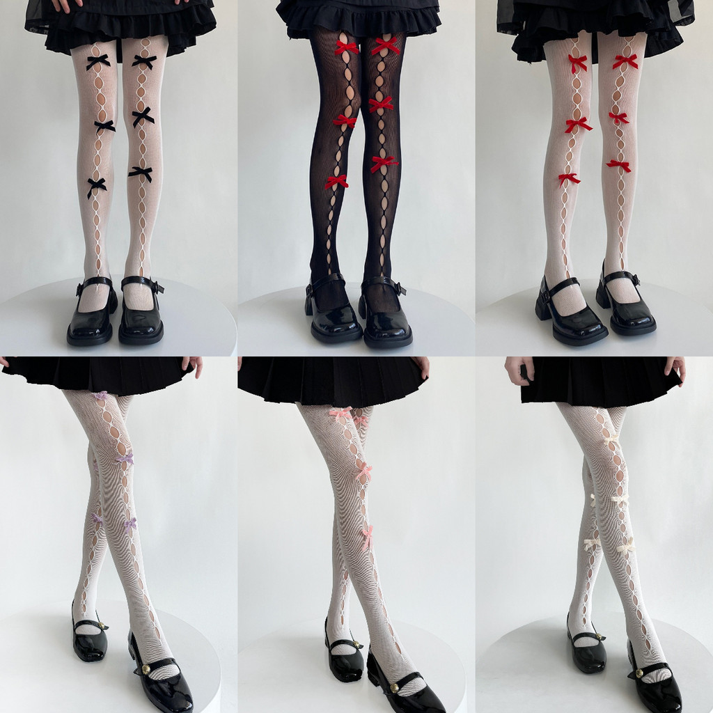 Fashion Women Three Bowknot Hollow Decoration Mesh Pantyhose Y2k Girls ...