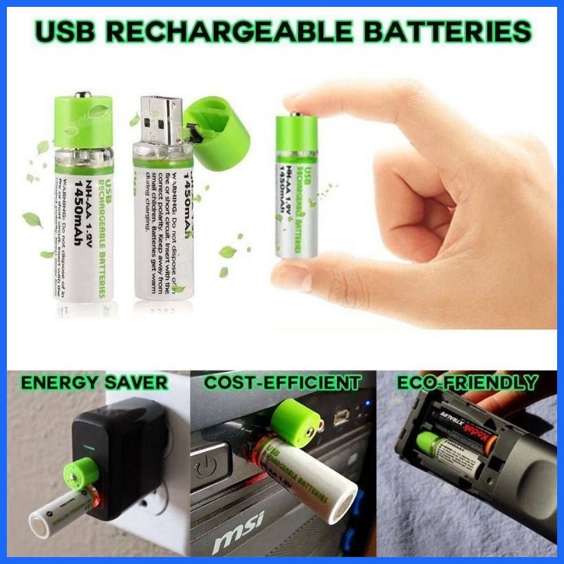 ≅ Double AA 1450MAH USB Rechargeable Battery 1.2V ECO Friendly Saver ...