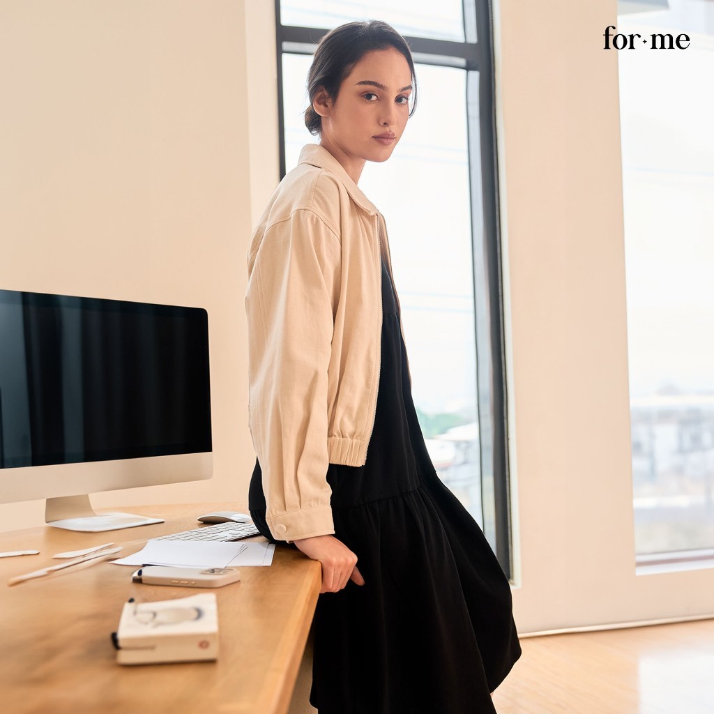 ForMe Collared Bomber Jacket for Women (Beige) | Shopee Philippines