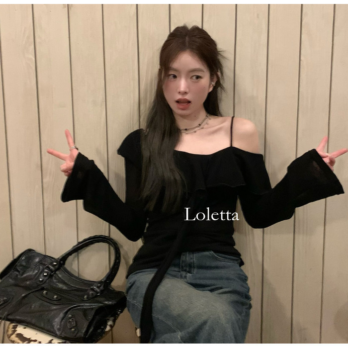 Loletta Tea Style~Korean Style ins Black Ruffled One-Shoulder Leaky ...