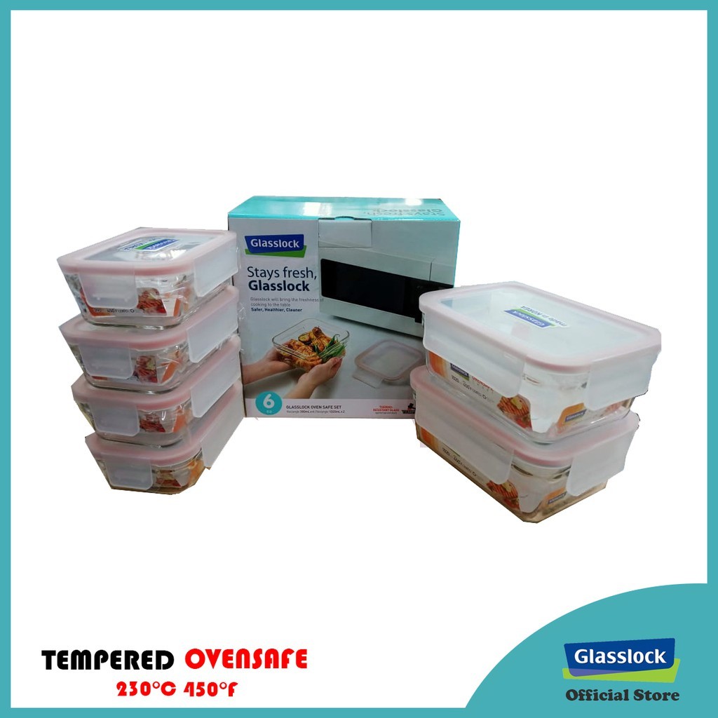Glasslock Oven Safe Rimless Rectangle Glass Food Container, 6-piece Set ...