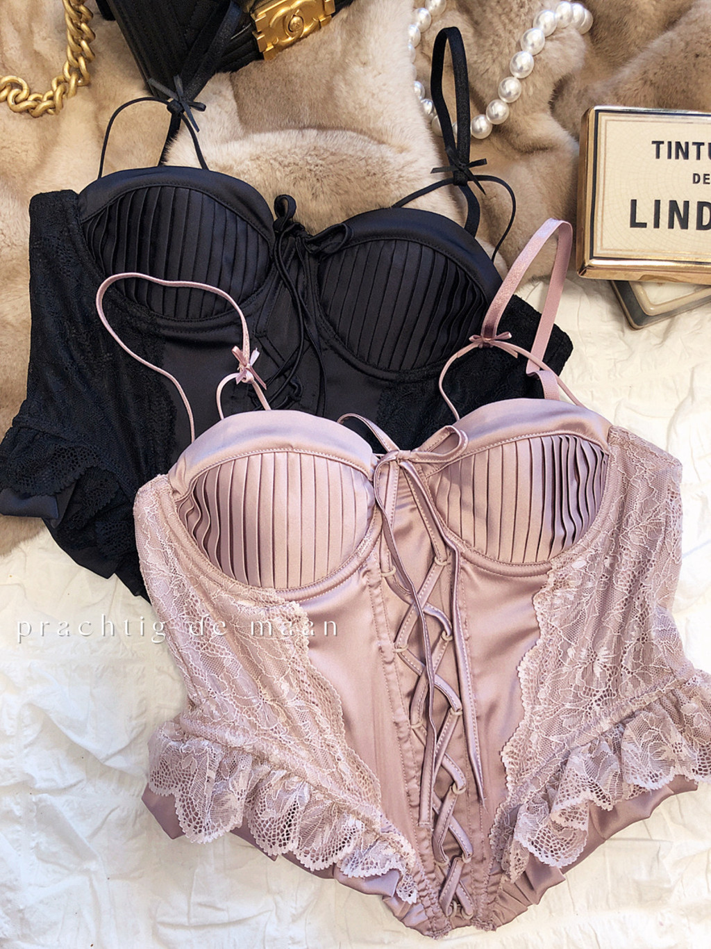 YIBEIKA French Sexy Satin Lace Underwear Fishbone Bra Thin Soft Steel ...