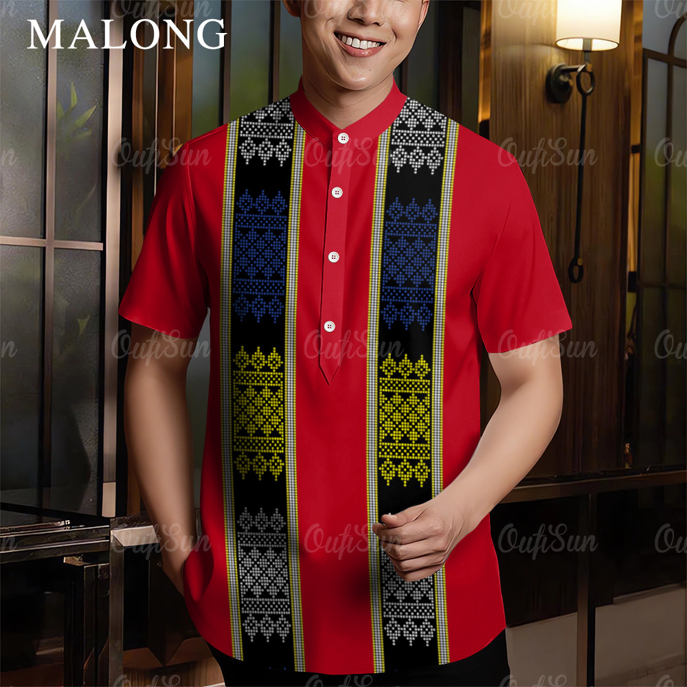 Men's Malong Design Short - Sleeve Ethnic Shirt Stand - Up Collar ...