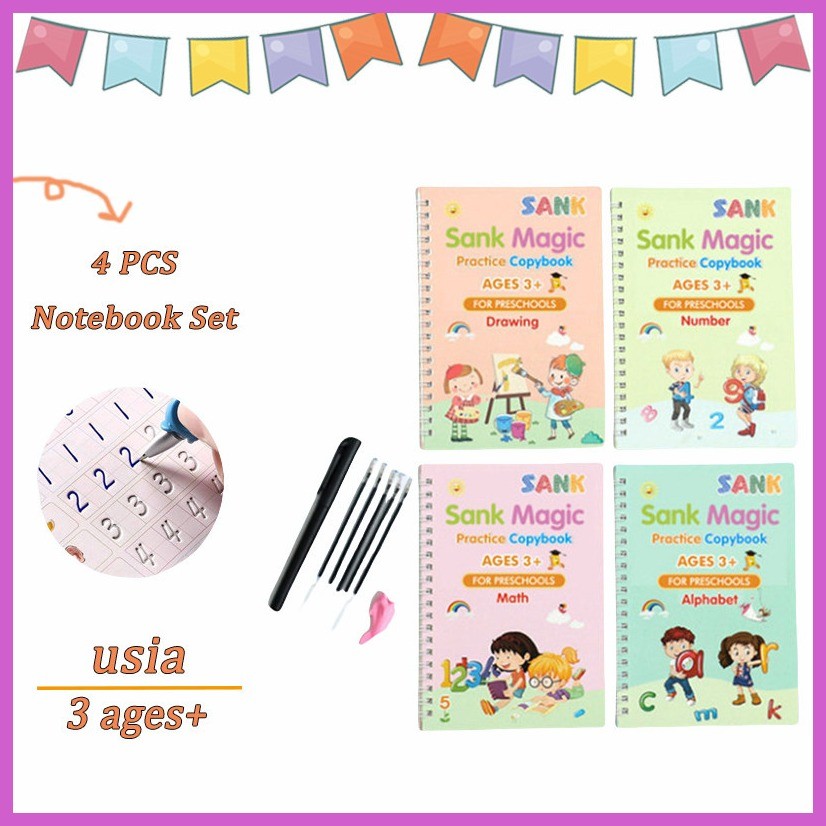 4 PCS Notebook Set English Letter Pen Control Training Reusable Magic ...