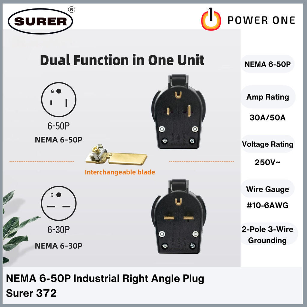 Surer 372 NEMA 6-50P Industrial Right Angle Plug (50A 250V) 2P 3-Wire ...
