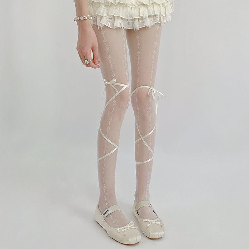 JK Lace Bow Pantyhose Women Thin Fishnet Stockings Korean Style Lolita ...