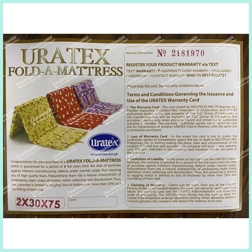 Easyshop888 Uratex Trifold Fold-A-Mattress foam 2 inches thick 100% ...
