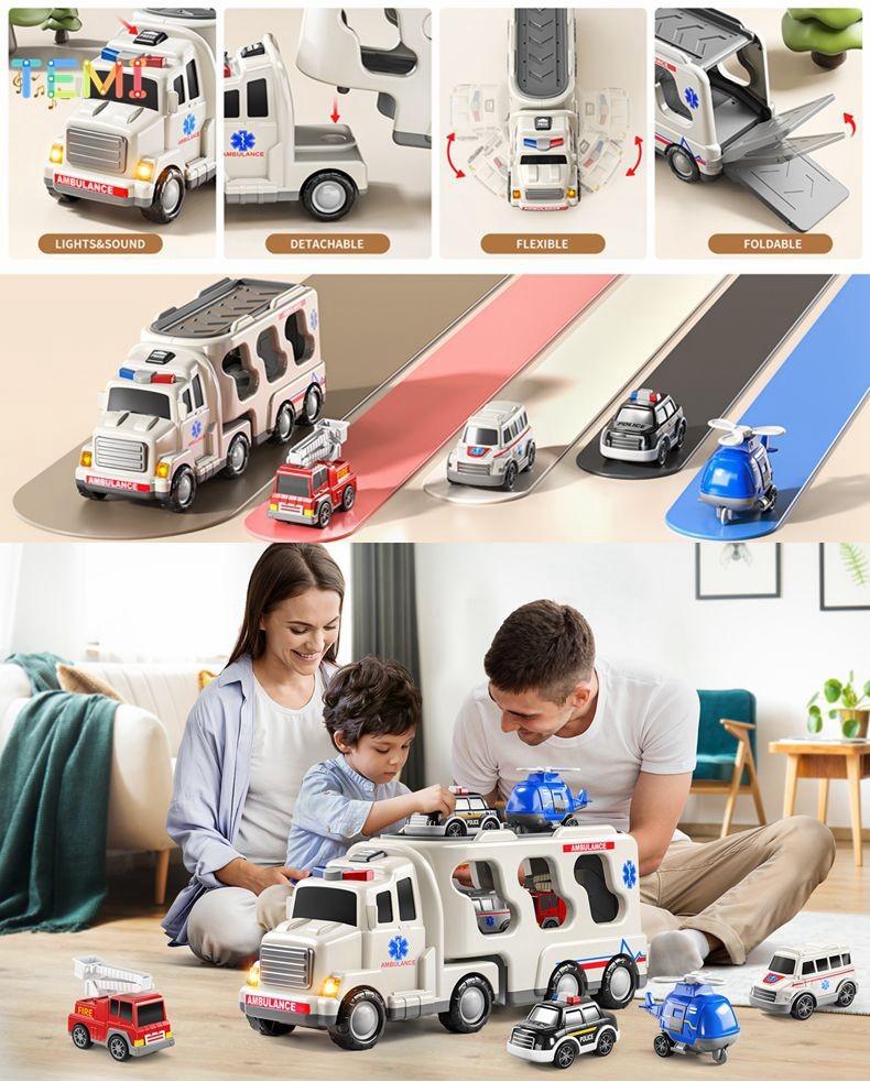 TEMI 5 IN 1 Ambulance Truck Toys Friction Power Engineering Vehicles ...