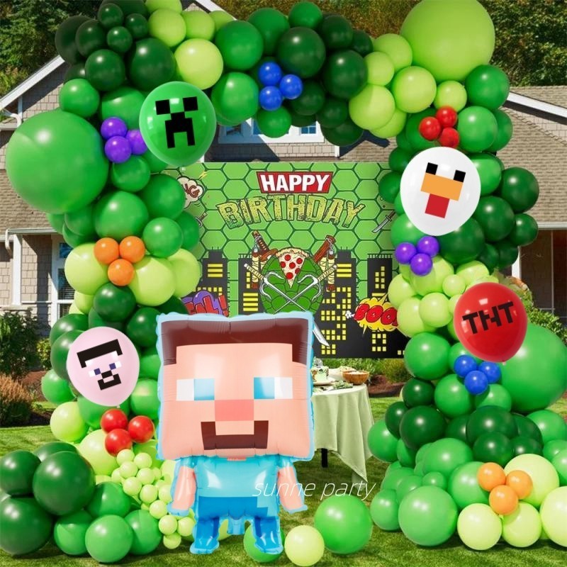 Minecraft Theme Balloon Garland Green Number Game Handle Foil For ...