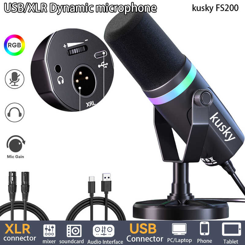 Kusky Fs200 USB Dynamic Microphone USB XLR Dual Mode Mic RGB USB Gaming ...