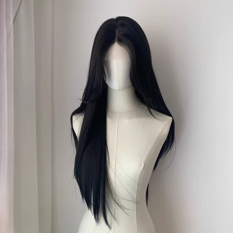 White Moonlight·Black Wig Black Long Straight Female Full Headgear ...
