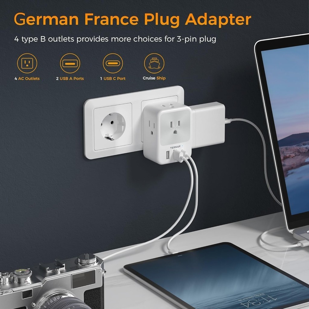 TESSAN PH to EU Plug Adapter Travel Adapter with USB C,Type F Type Plug ...