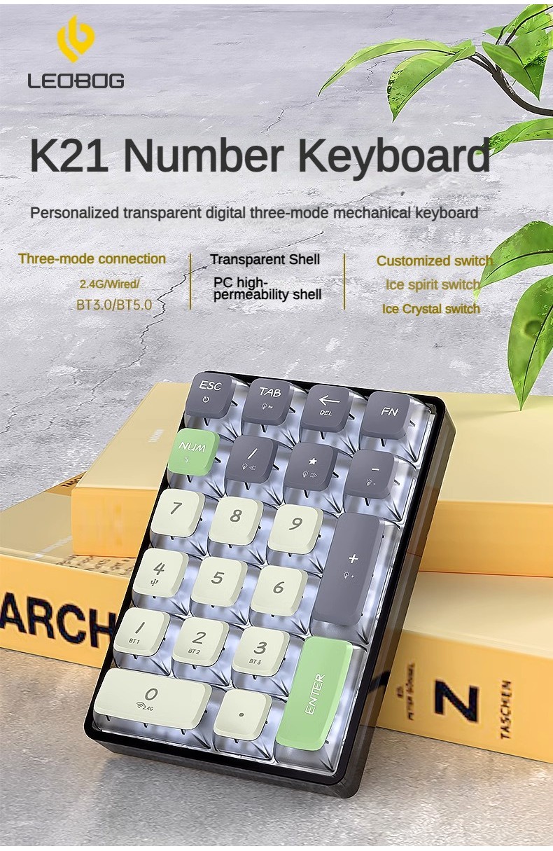 Leobog K21 Wireless Three-Mode Transparent Number Keyboard Mechanically ...