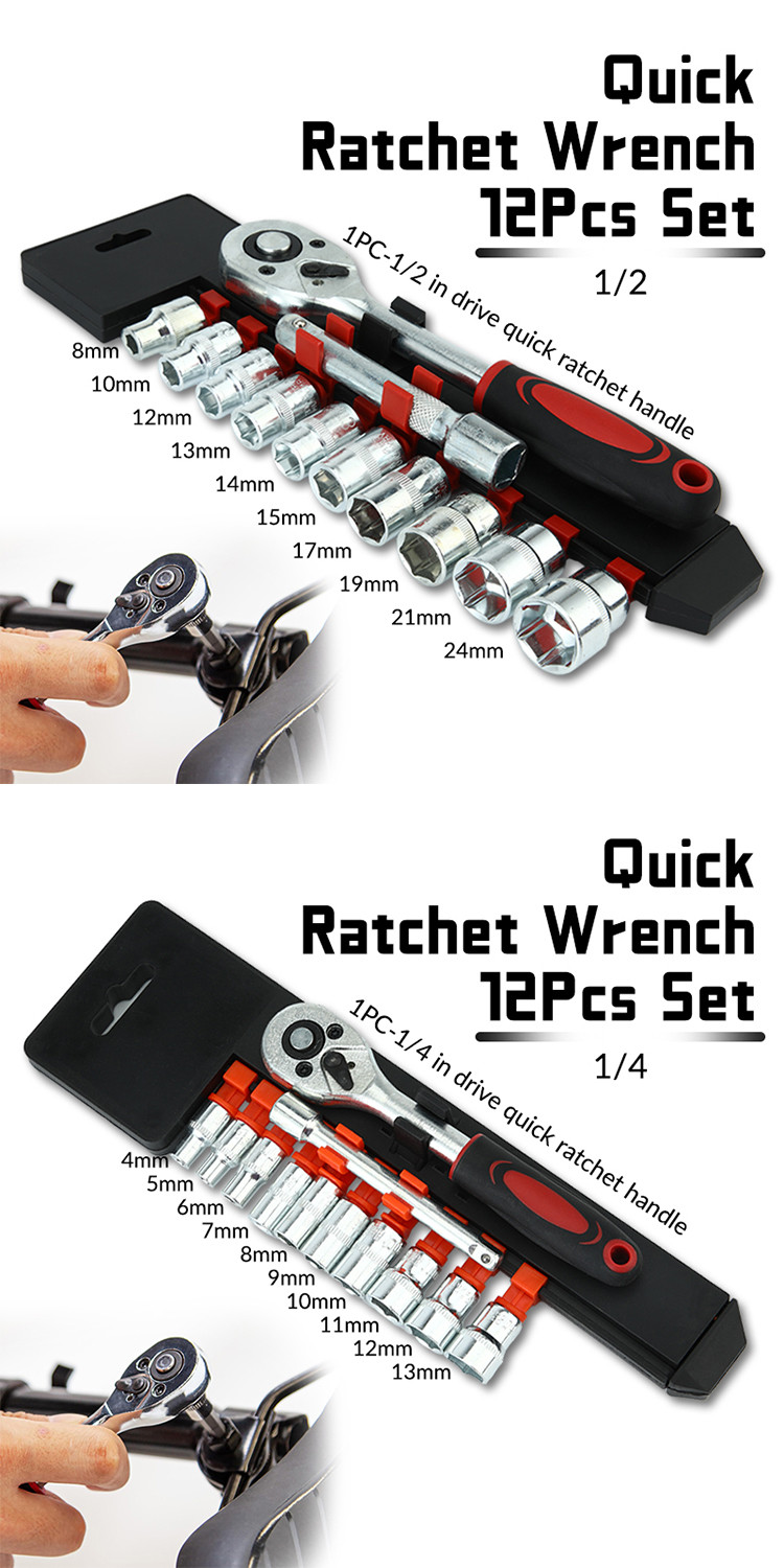 (Fast&COD) 12Pcs Quick Ratchet Wrench CR-V 1/4,1/2 Socket Kits Mechanic ...