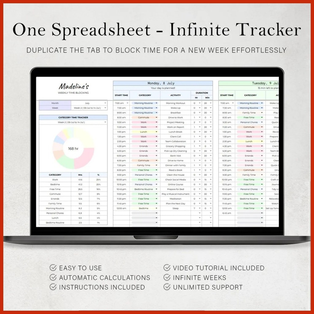 Digital Planner, Weekly Time Blocking Planner Spreadsheet 24 Hour ...