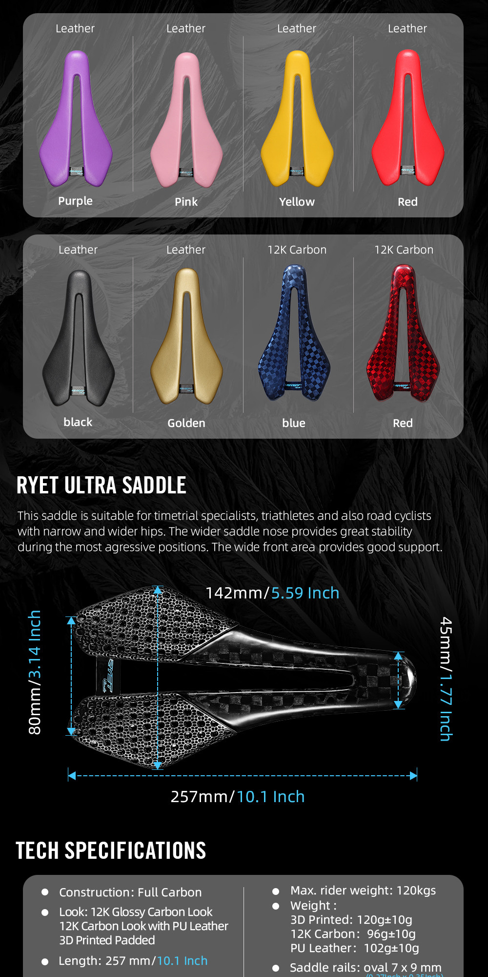 RYET Full Carbon 3D Printed Saddle - 102g Ultra Light | Pressure Relief ...