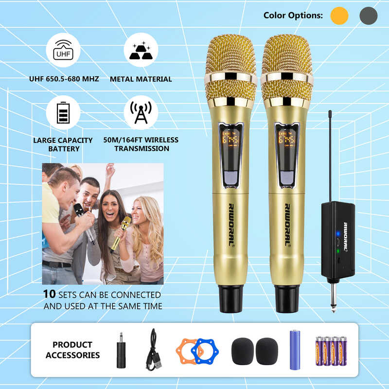 Dual Wireless UHF Metal Microphone 18650 Rechargeable / AA Battery 10 ...