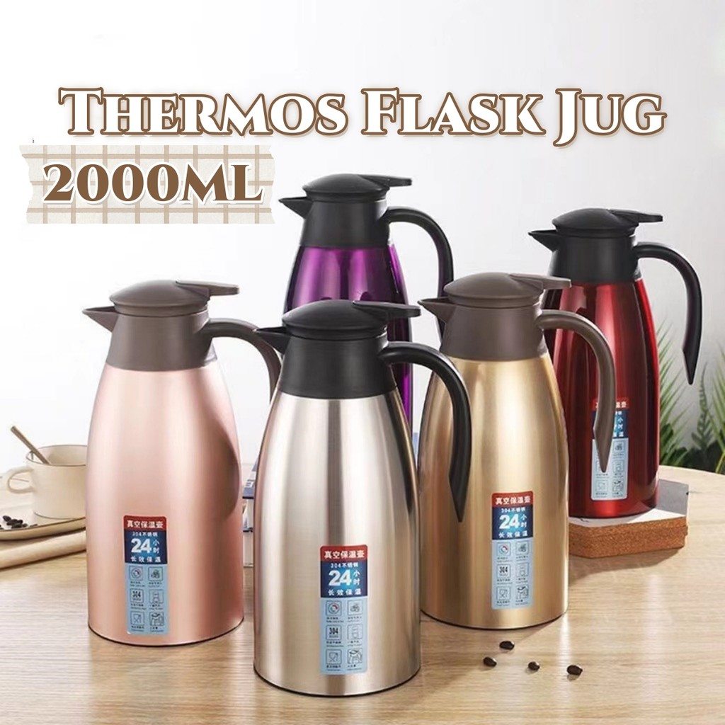 (2L) Thermos Flask Water Jug With Press Button Vacuum Insulated ...