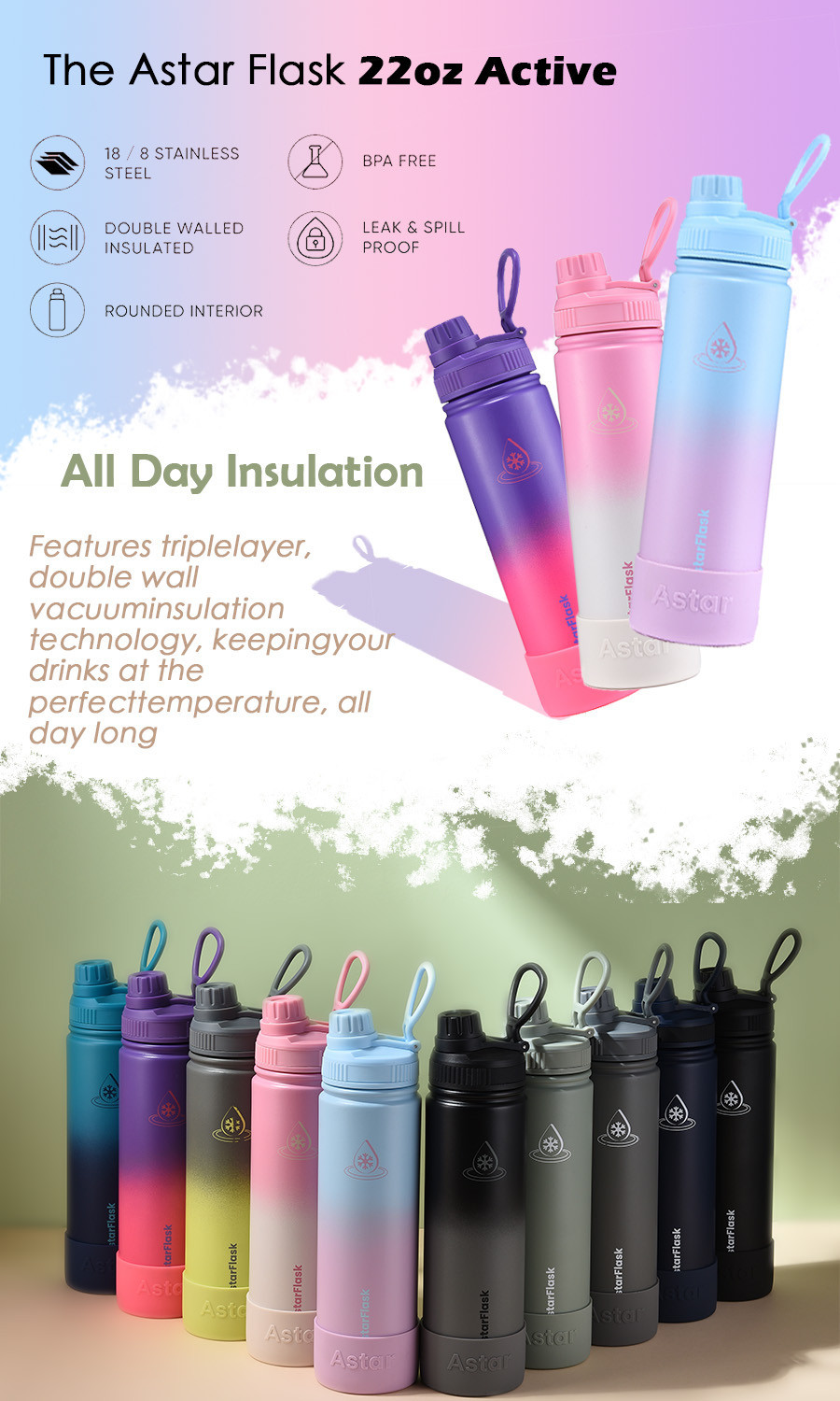 AstarFlask Wide Mouth with Spout Lid Vacuum Insulated Stainless Steel ...