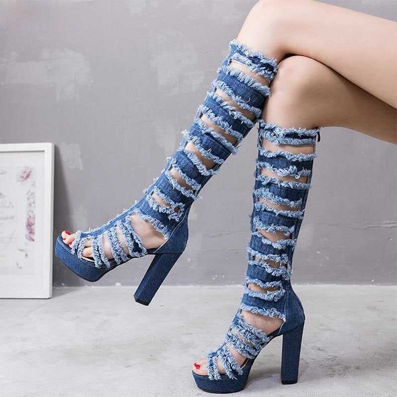 In vogue 2021 Deep Toe Over The Knee Hole Jean Long Tight Chunky Heel ...