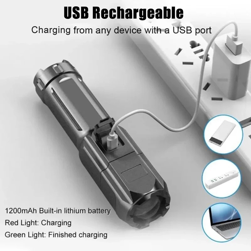 DHD USB Rechargeable Handheld Super Bright Zoom Tactical LED Flashlight ...