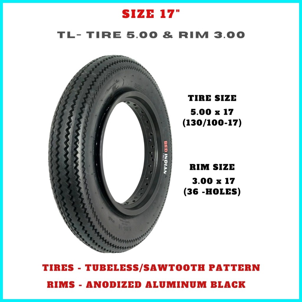 RED INDIAN 5.00-17 TUBELESS CLASSIC SAWTOOTH TIRE & ALUMINUM RIM 3.00 ...