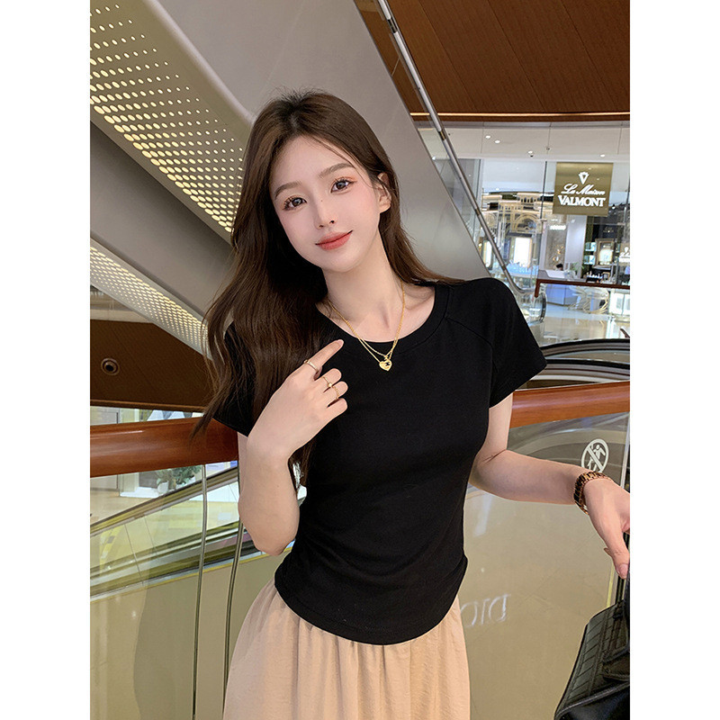 Slim-Fit Ruffled Waist-Cinching Women's Short Sleeve Crop Top with Open ...