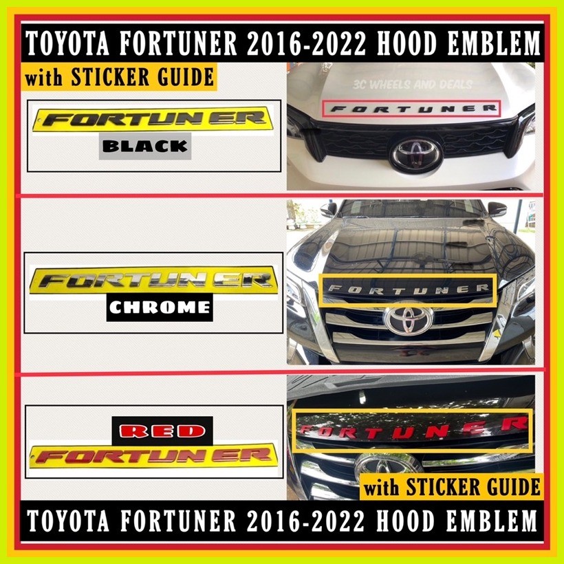 TOYOTA FORTUNER 2016-2022 HOOD EMBLEM with STICKER GUIDE (RED,BLACK ...