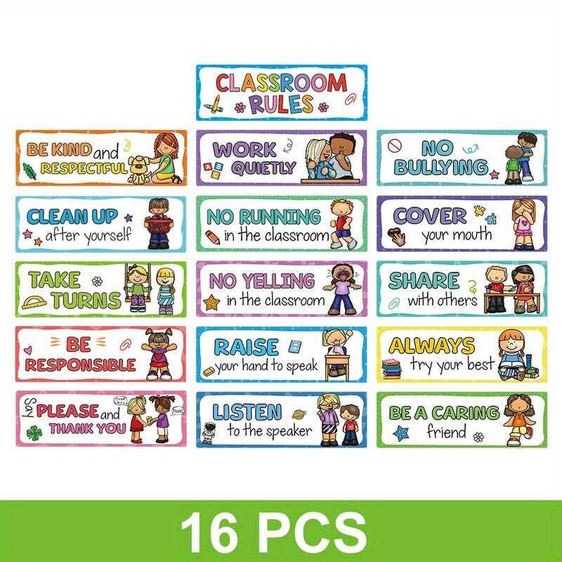 Printed Art, 16-Piece Classroom Rules Poster Set - Kindergarten ...