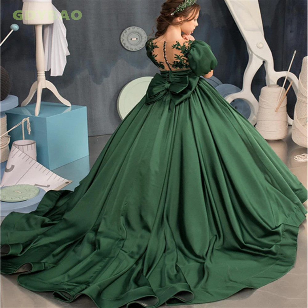 Emerald Green Pageant Dresses Long Puffy Sleeve Lace Wer Girl Dress For ...