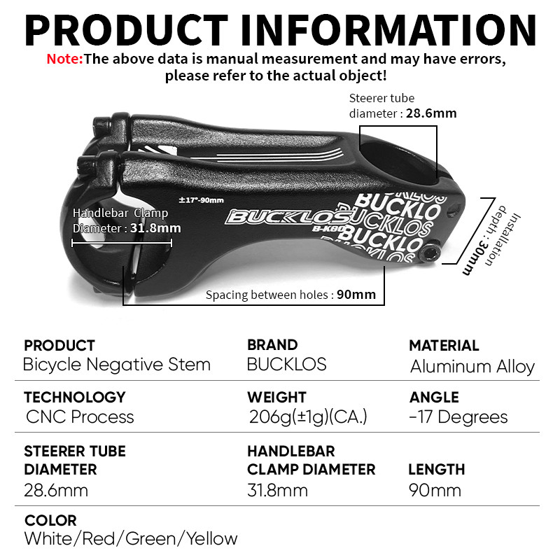 BUCKLOS Stem 17° bicycle Stem 31.8mm Ultralight Aluminium Alloy MTB ...