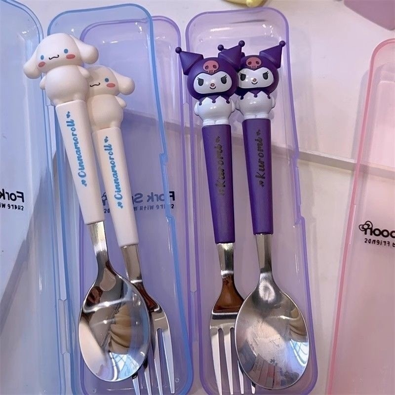 Cute Cartoon Kuromi Spoon & Fork Set Student Tableware Sanrio Things ...
