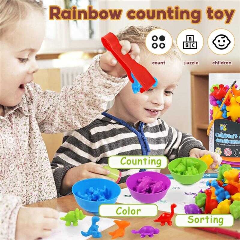 Rainbow Counting Dinosaur Color Sorting With Bowls For Kids Number ...