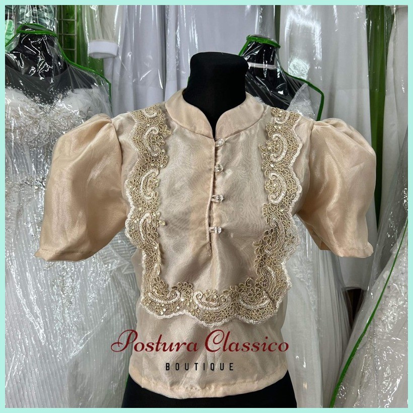 Filipiniana Modern Barong Pop Sleeve Blouse w/ Lace Design | Shopee ...