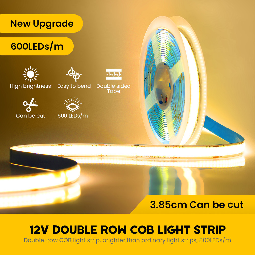 600Leds/M Double Row COB Strip DC 12V 24V High Brighter RA85 Warm ...