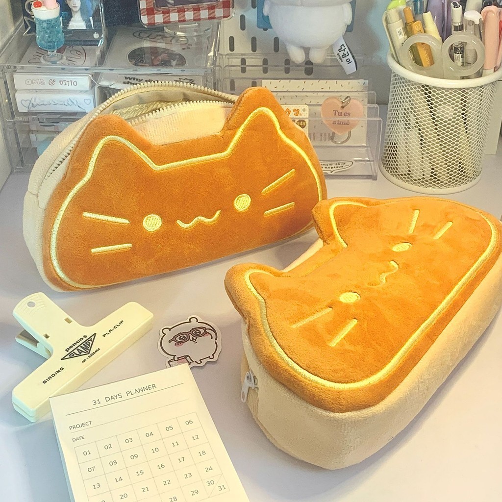 Cute Caramel Bread Cat Plush Pencil Pouch Large Capacity Pen Bag ...