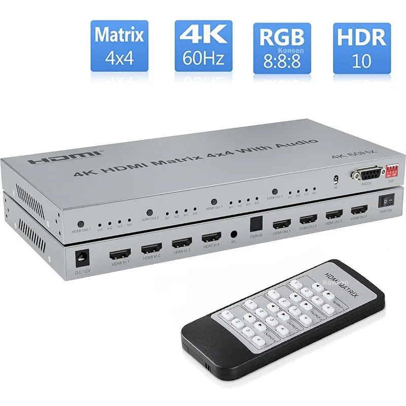 4K@60Hz HDMI Matrix Switch 4x4 with Audio Extractor 4 in 4 out HDMI 2.0 ...