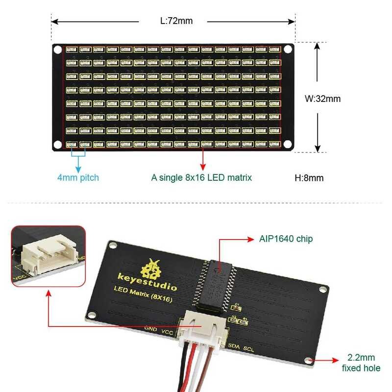 255 Keyestudio 8X16 LED Dot Matrix Board With PH 2.54 Connector +4Pin ...