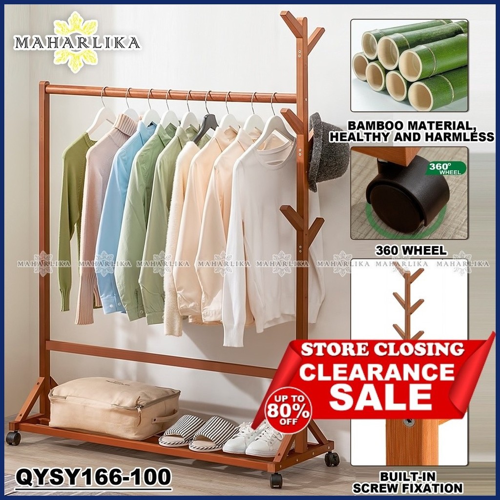 ⚡ Maharlika QYSY 166 Bamboo100-60cm Coat Rack Stand Hanging Pole Drying ...