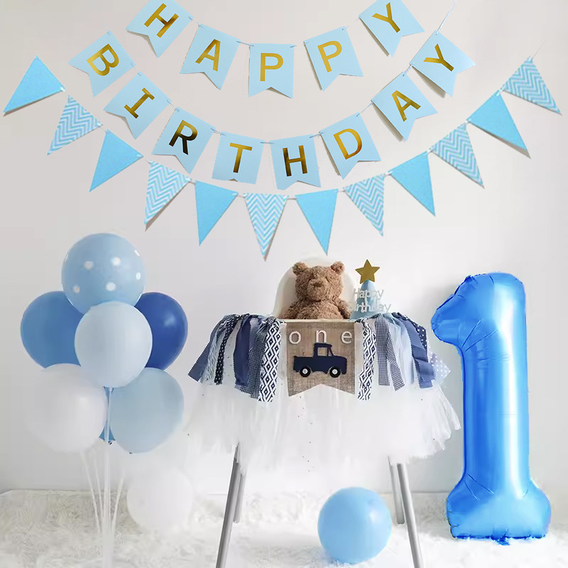 Baby Boys 1st Birthday Decoration Set Blue Balloon Tableware Banner ...