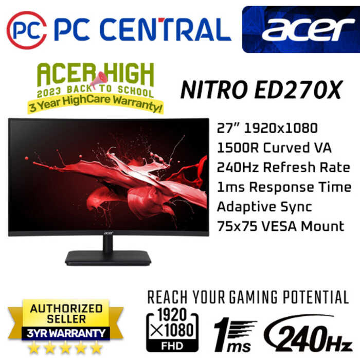 Acer Nitro Ed270x 27" Full HD Curved Gaming Monitor 240Hz [Unk] 1Ms ...