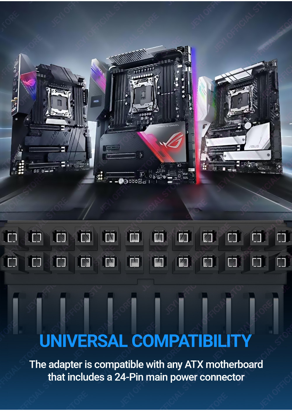 JEYI ATX 24Pin 90° RGB Adapter, 18 Light Modes Female to 24Pin Male 90 ...