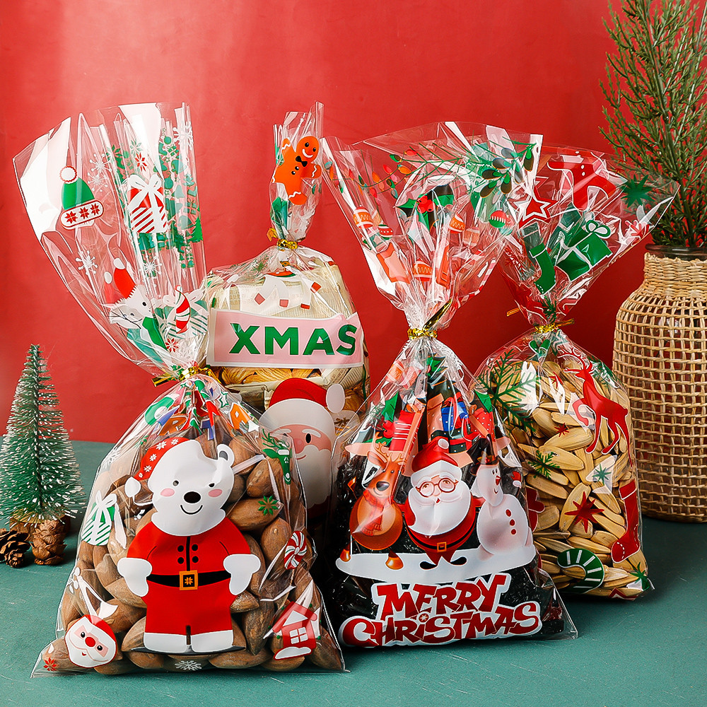 50Pcs Christmas Candy Bags Santa Claus Plastic Transparent Cookie ...