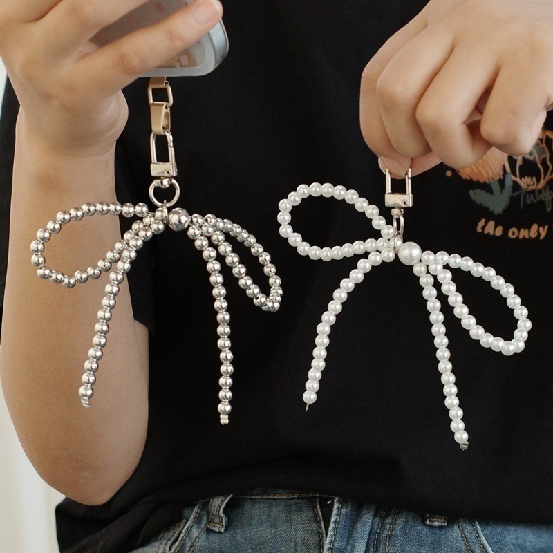 Korean Sweet Beaded Pearl Bowknot Keychain Heart Pendant Keyring Y2K ...