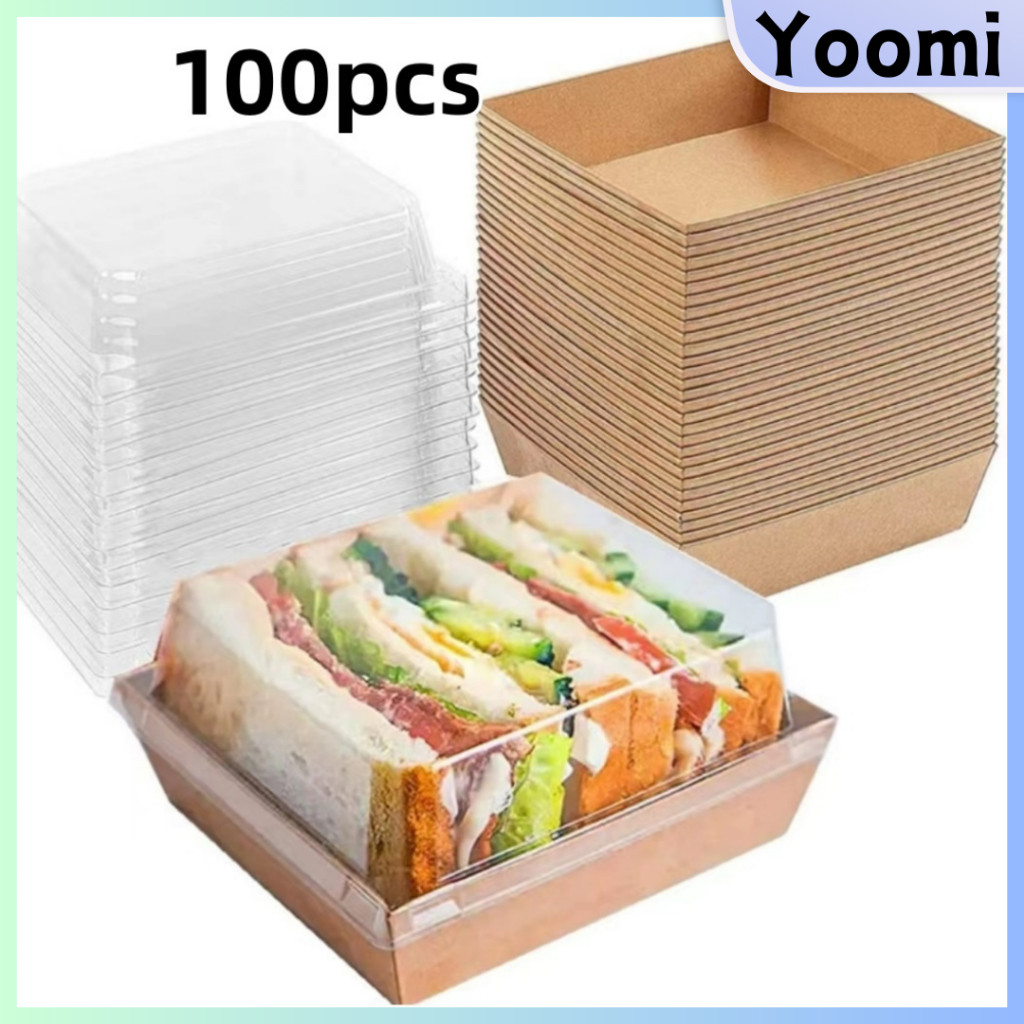 100PCS Kraft Sushi Tray Sandwich Box Pastry Dessert Box Clear Lid ...