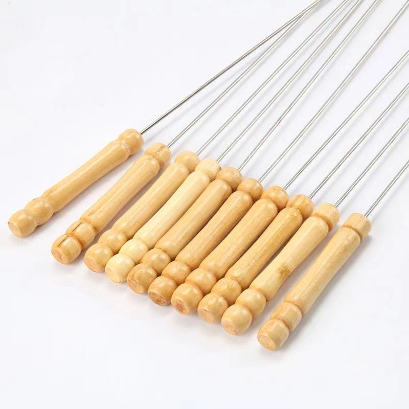 COD 10PCS Barbecue Skewers Wooden Handle Stainless Steel BBQ Round ...